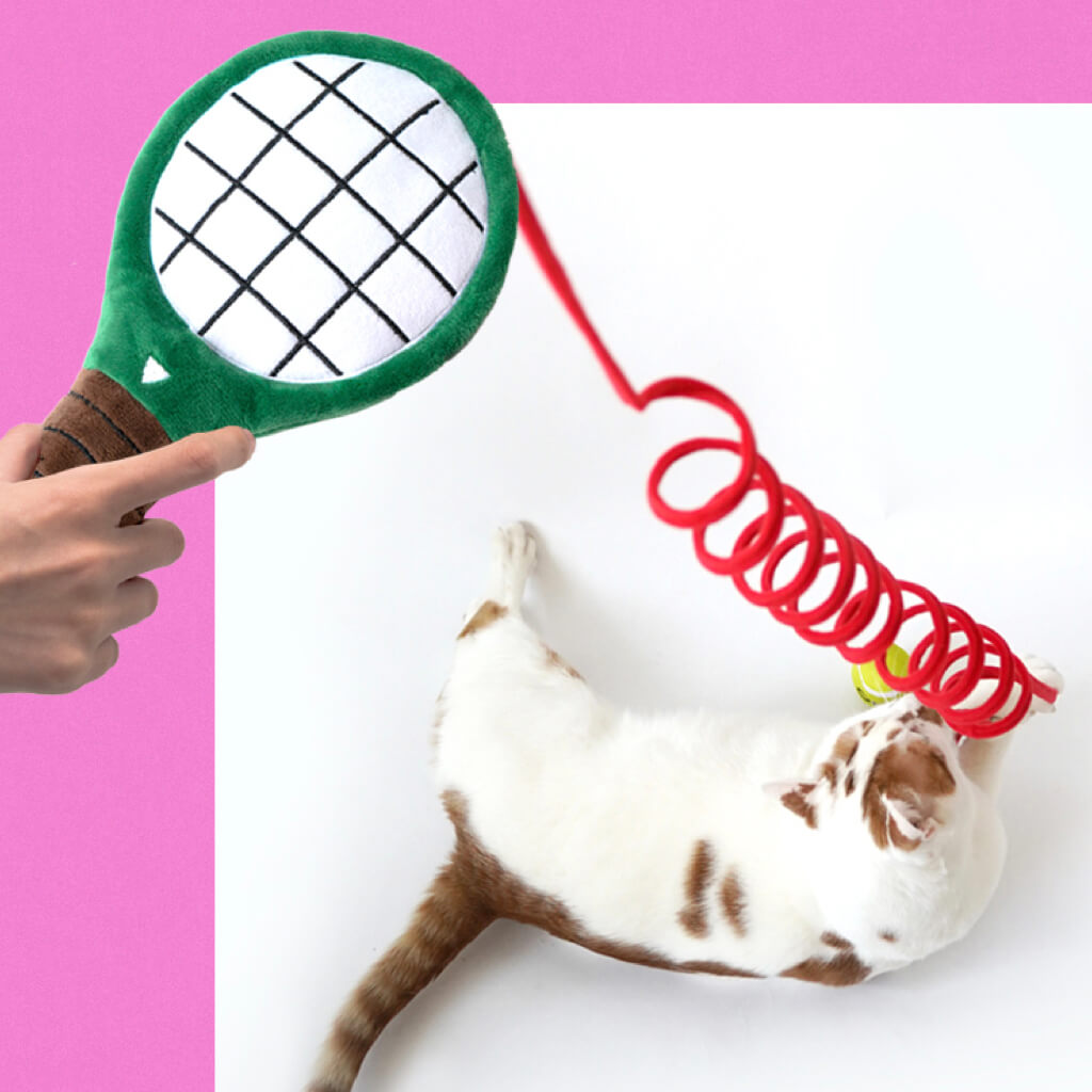Tennis Racket Cat Toy with Bouncy Spring | Interactive Self-Play Plush ...